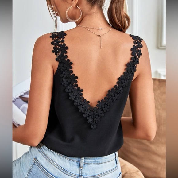 Tops | Boho Black Lace Insert Cami Top | Poshmark